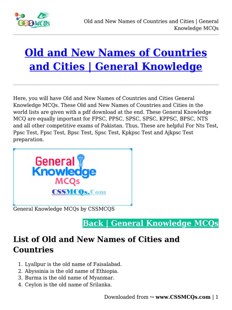 Old and New Names of Countries and Cities - General Knowledge MCQs ...