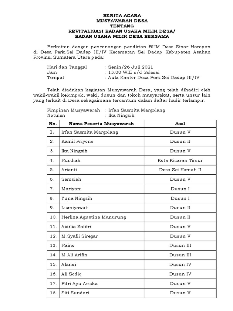 BA. Musdes Revitalisasi BUM Desa (Terbaru) | PDF