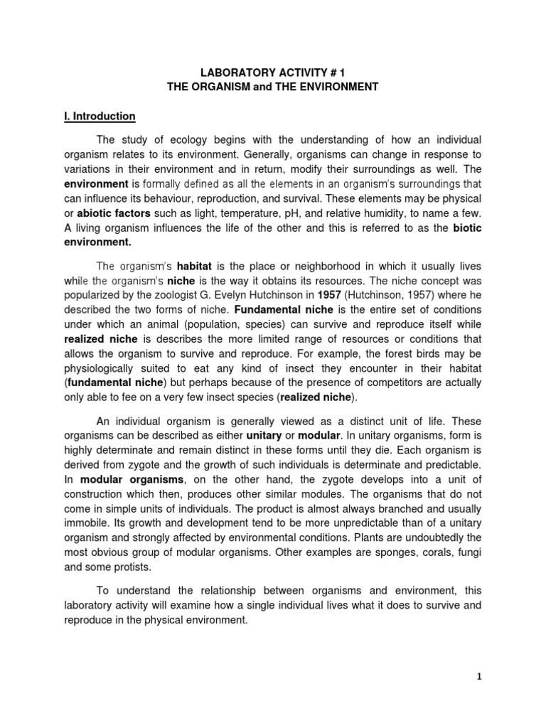 Lab Activity 1 - Organisms and Their Environment | PDF | Ecological ...