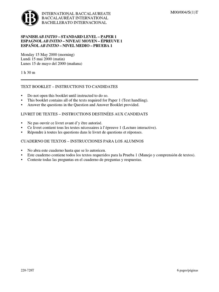 Spanish Ab Initio SL May 2000 P1 T | PDF