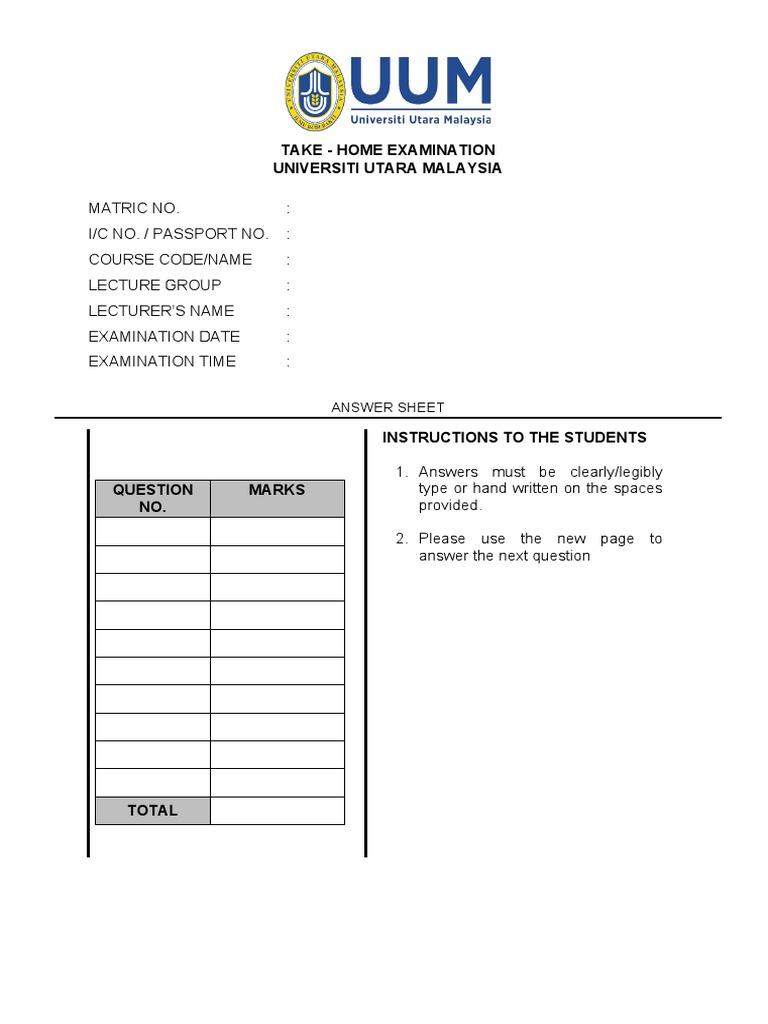 A201 Take Home Exam Answer Booklet | PDF