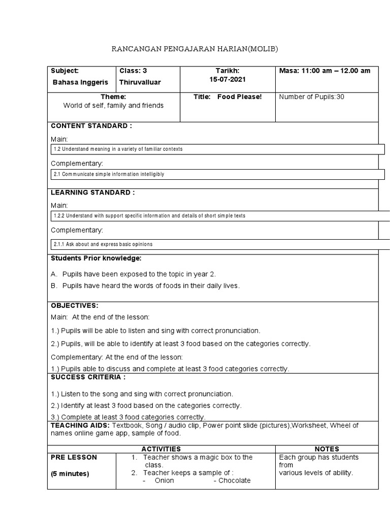 RPH Bi Molib | PDF | Teachers | Foods