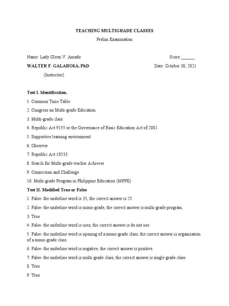 TEACHING MULTIGRADE CLASSES - Amado Lady Gleen Prelim Exam | PDF | Teachers | Curriculum