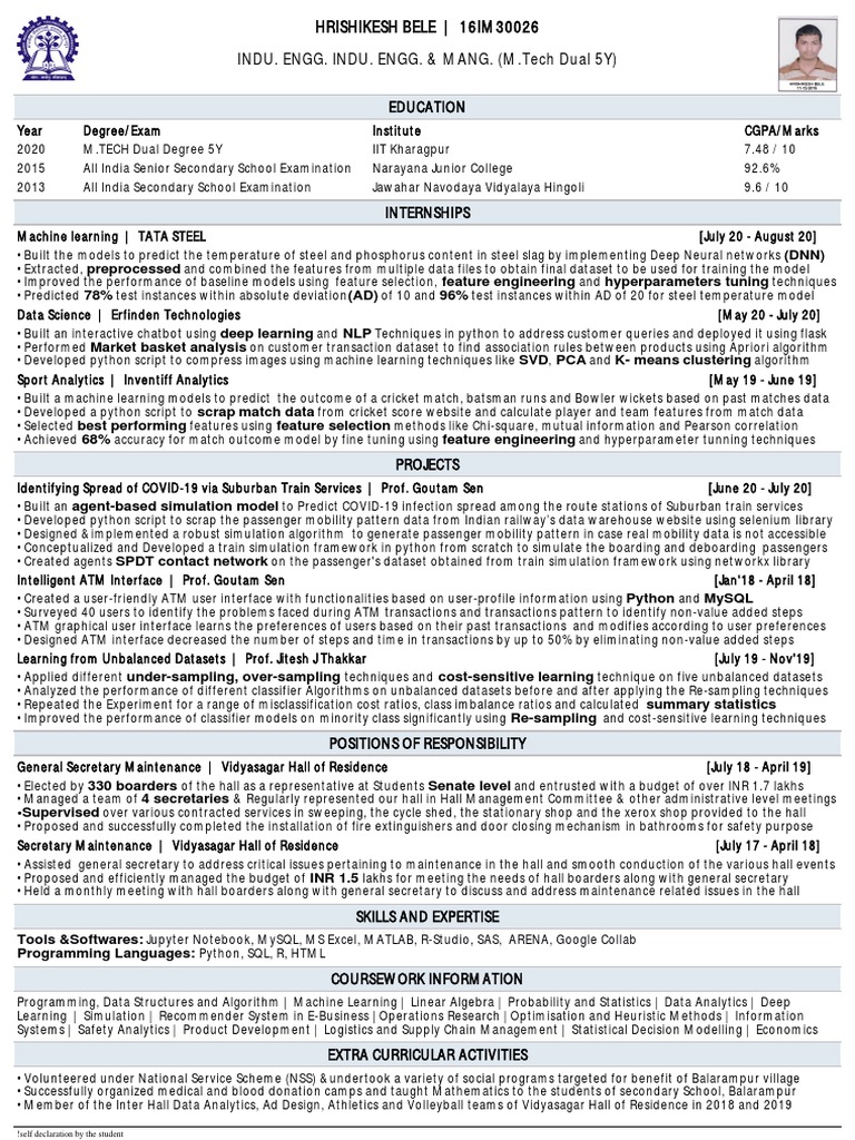 IITian CV Industrial and Systems Engineering | PDF | Machine Learning ...
