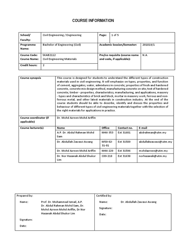 Civil Engineering Materials Course Overview | PDF | Concrete | Cement