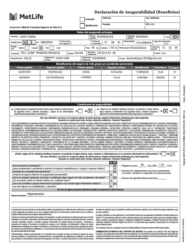 DECLARACIÓN DE ASEGURABILIDAD (BENEFICIOS) METLIFE Firmado | PDF | Seguro | Ciencias de la Salud
