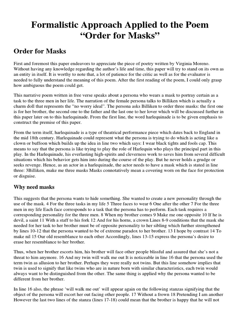 Formalistic Approach Applied To The Poem "Order For Masks" | PDF | Poetry