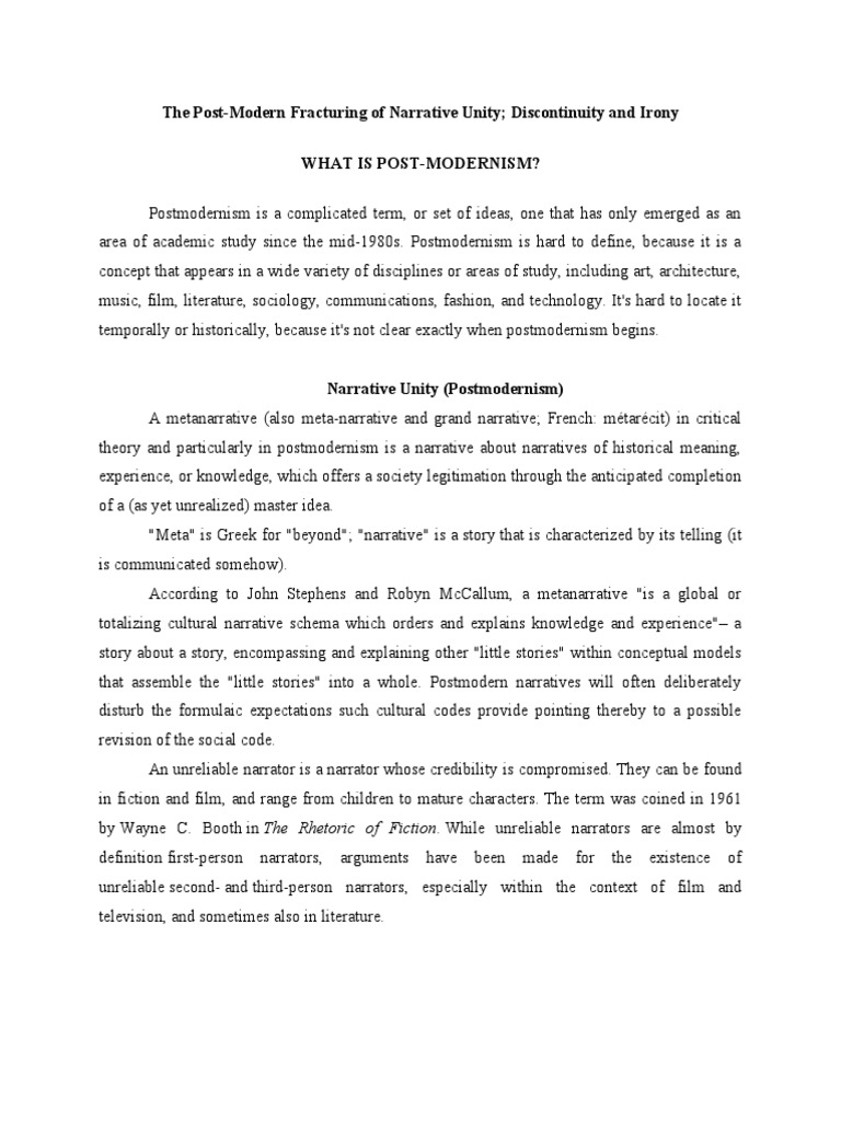 The Post-Modern Fracturing of Narrative Unity Discontinuity and Irony ...