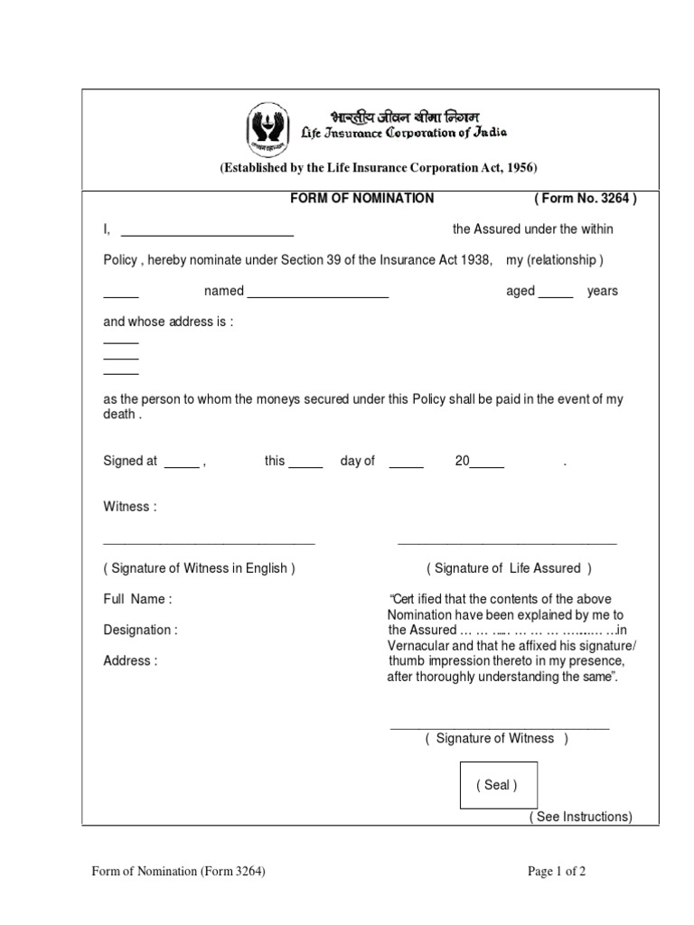 LIC Nomination Form 3264 Instructions | PDF | Signature | Government