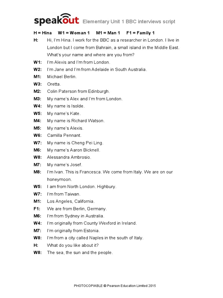 Elementary Unit 1 BBC Interviews Script: PHOTOCOPIABLE © Pearson ...