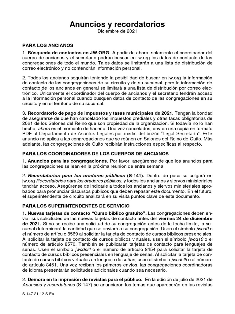 Anuncios y recordatorios diciembre 2021 | PDF