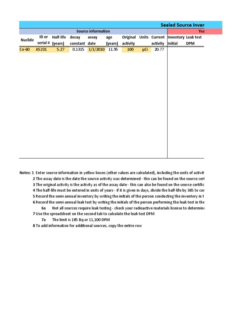 Sealed Source Inventory And Leak Test: Co-60 A5231 5.27 0.1315 1/1/2010 ...