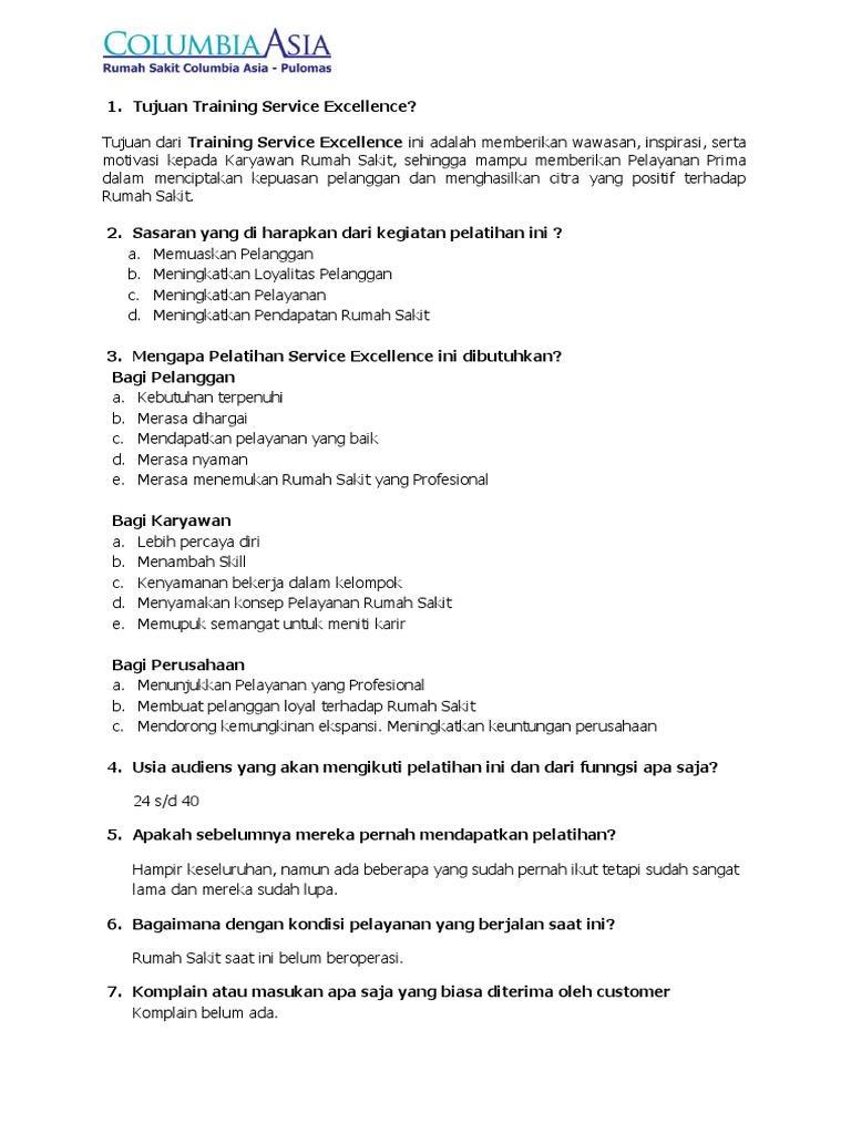 Tujuan Training Service Excellence | PDF