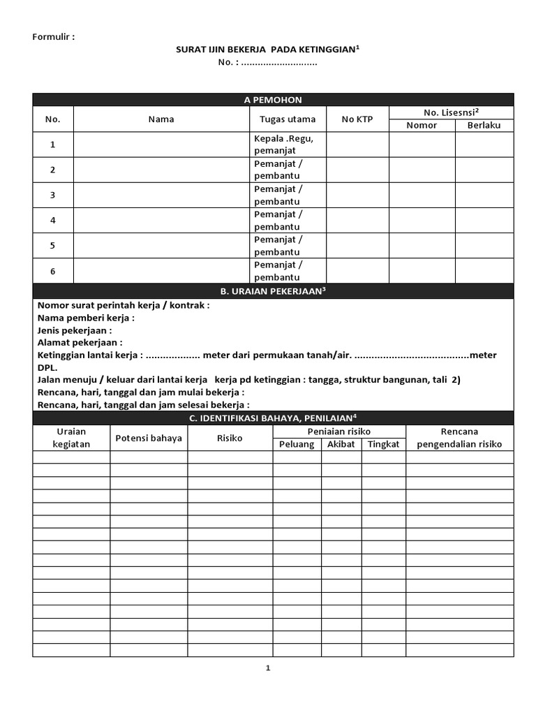 Formulir Ijin Kerja Ketinggian | PDF