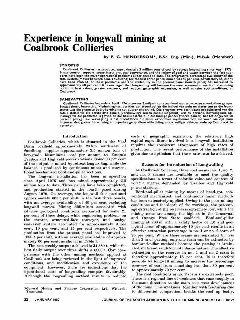 Experience in Longwall Mining at Coalbrook Collieries | PDF | Coal ...
