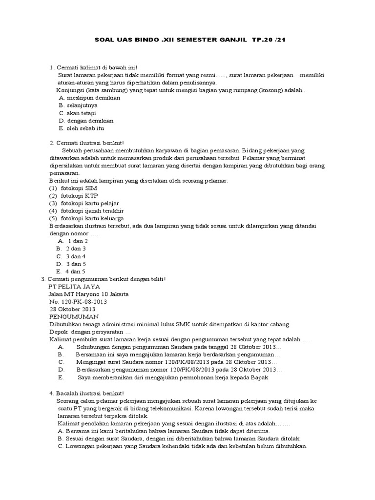 SOAL UAS BINDO Ganjil Xii TP 21 | PDF