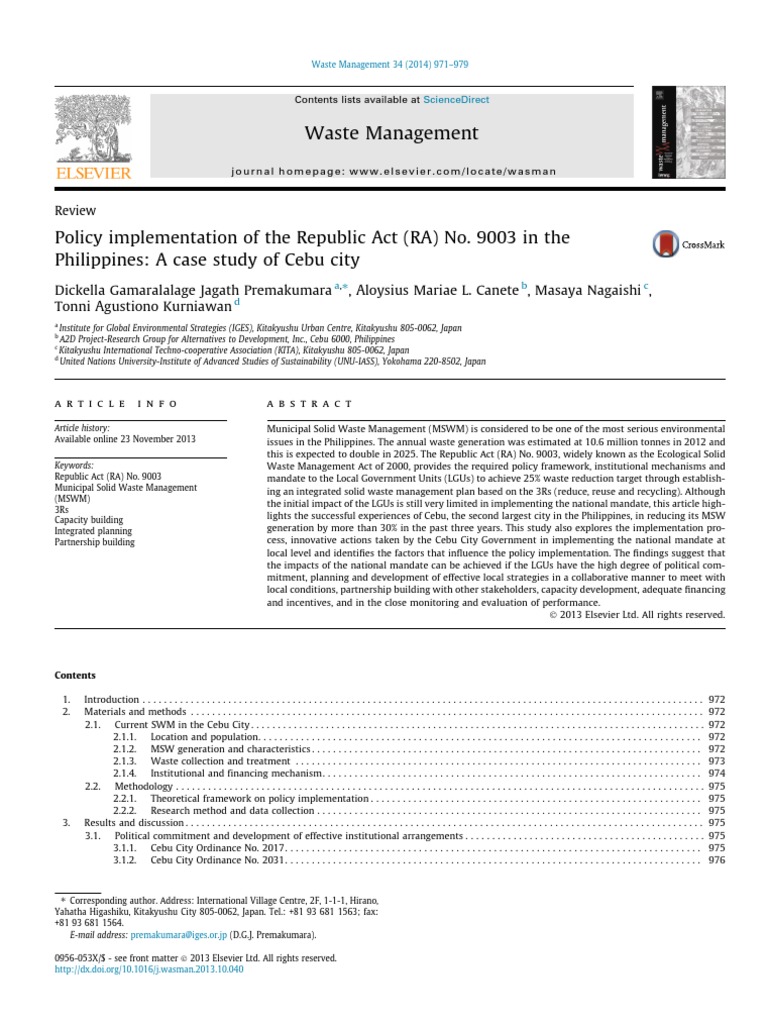 Policy Implementation of The Republic Act (RA) No. 9003 in The ...