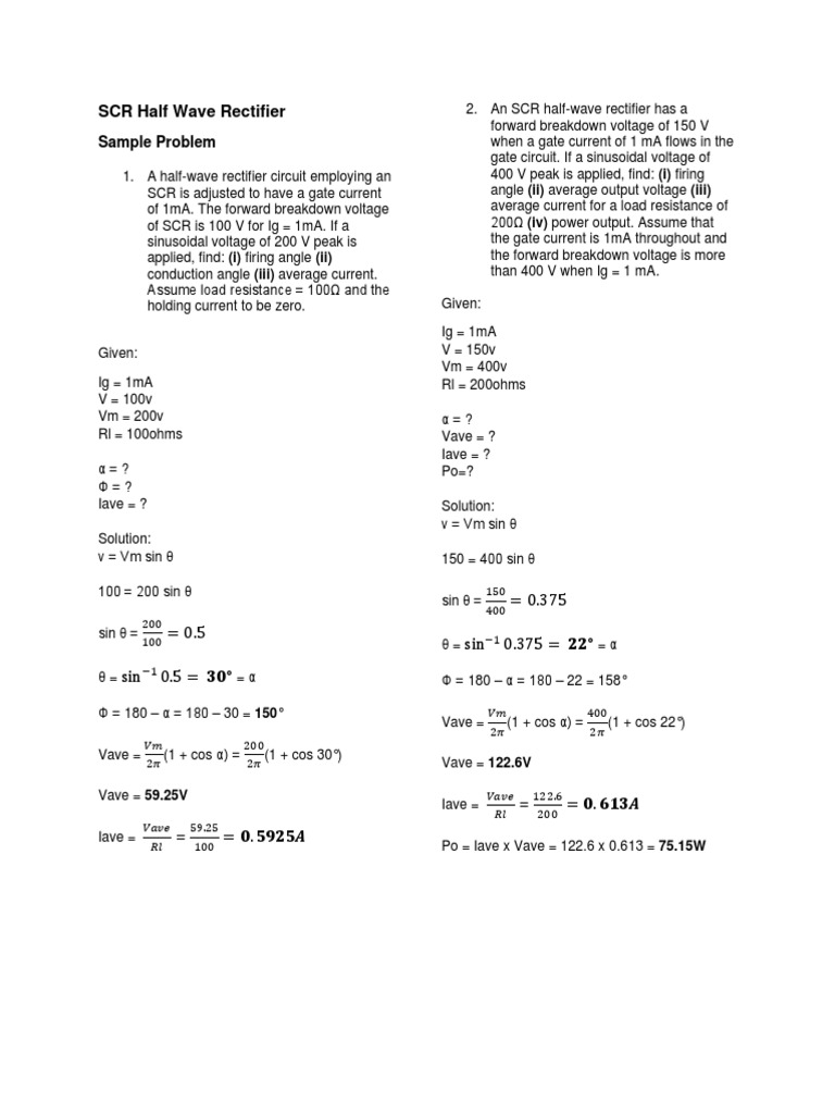 SCR Half Wave Rectifier: Sample Problem | PDF | Rectifier | Physical Quantities