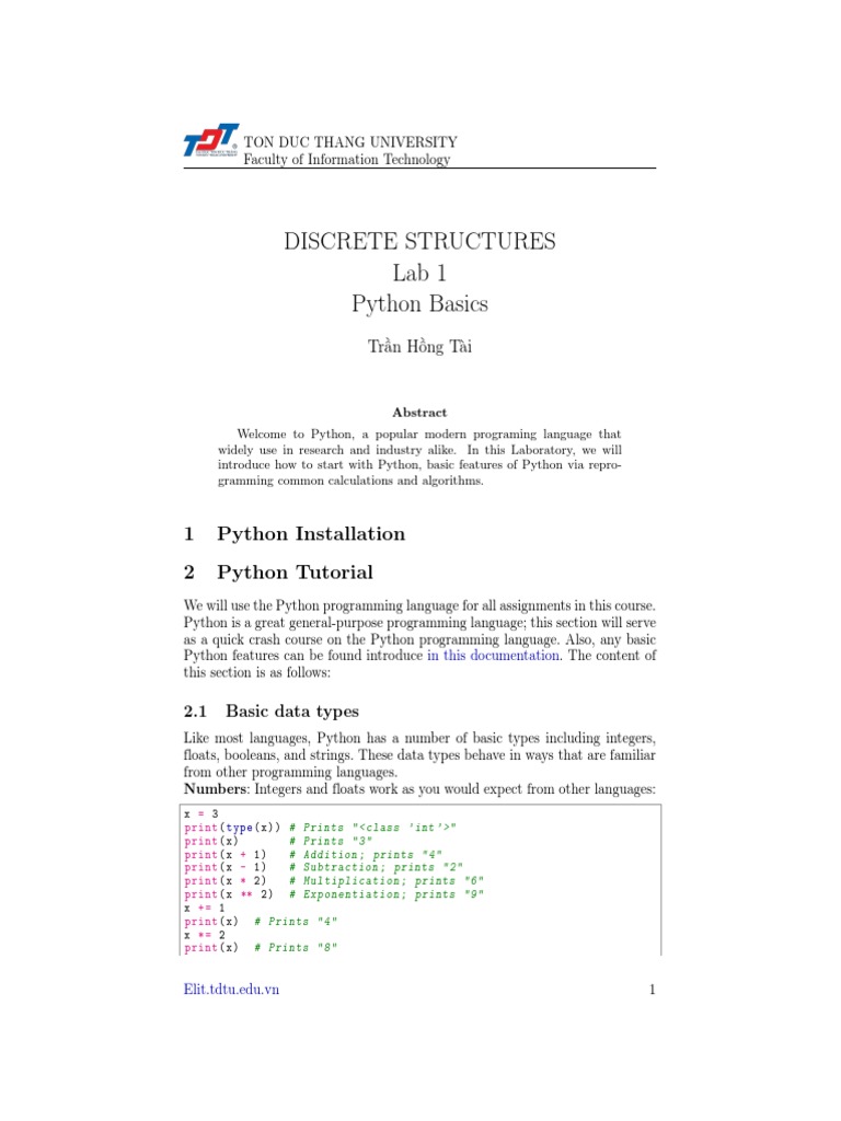 Discrete Structures Lab 1 Python Basics: 1 Python Installation 2 Python Tutorial | Download Free ...