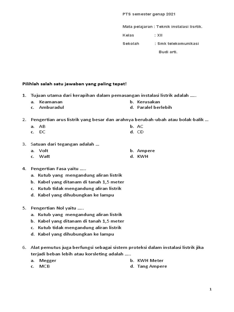 Soal PTS Teknik Instalasi Listrik | PDF