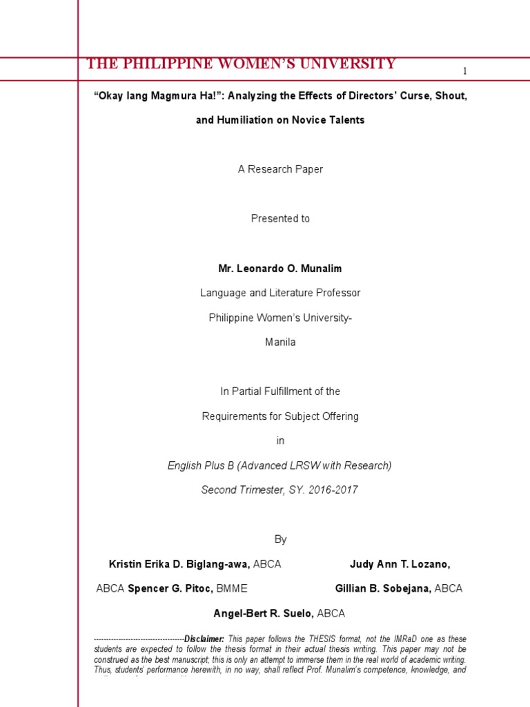 The Philippine Women'S University | PDF | Thought | Questionnaire