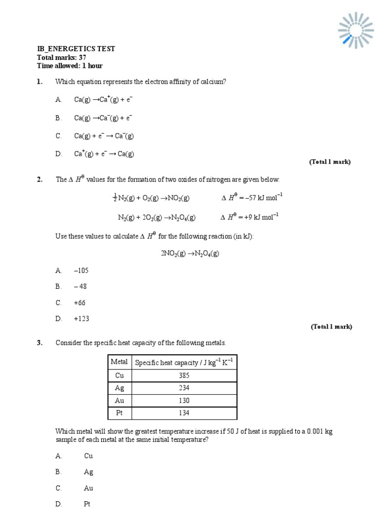 Chem Energetics Test | PDF | Chemical Reactions | Solution