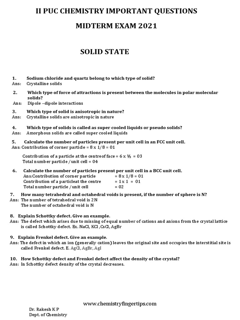 II Puc Chemistry Important Question and Answer For Midterm Exam 2021 ...