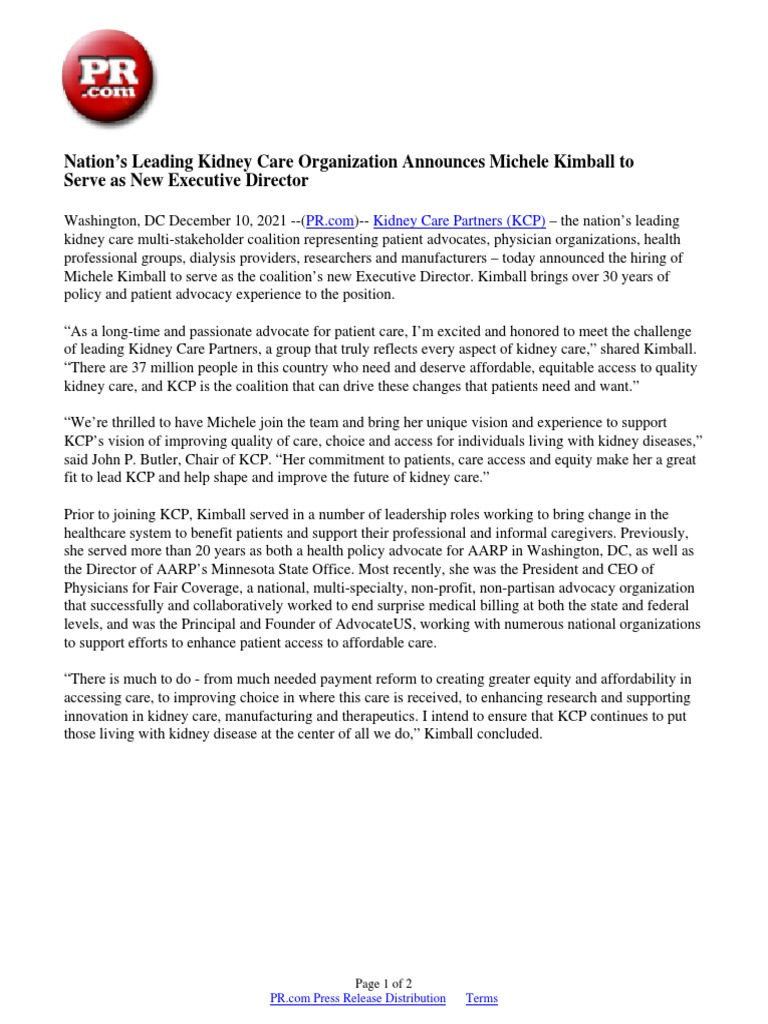 Nation's Leading Kidney Care Organization Announces Michele Kimball To ...