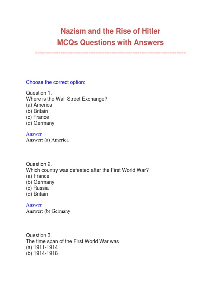 Nazism and The Rise of Hitler Mcqs Questions With Answers: Choose The ...