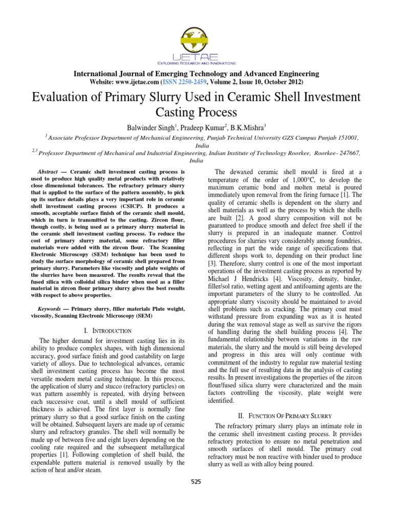 Evaluation of Primary Slurry Used in Ceramic Shell Investment Casting ...