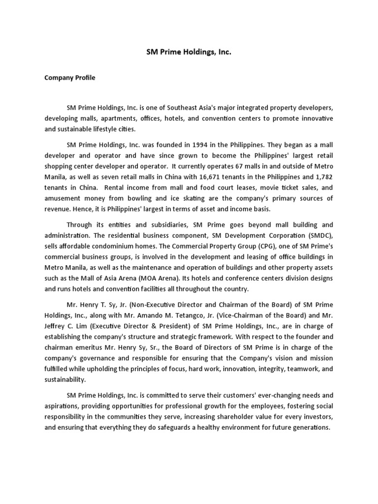 SM Prime Holdings Company Profile FINAL | PDF | Shopping Mall | Economies