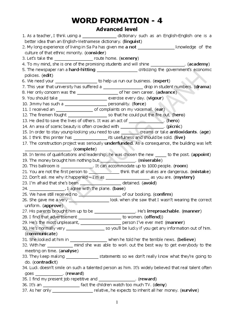 Word Formation - 4: Advanced Level | PDF