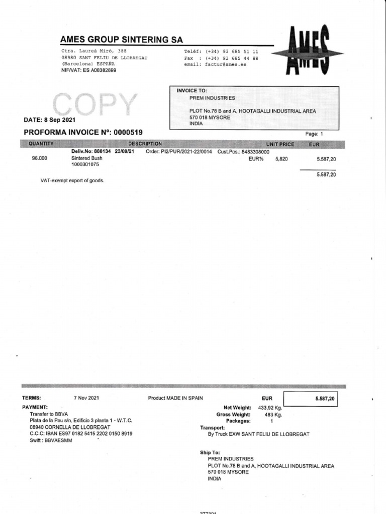 Ames Group Sintering Sa: Proforma Invoice 0000519 | PDF