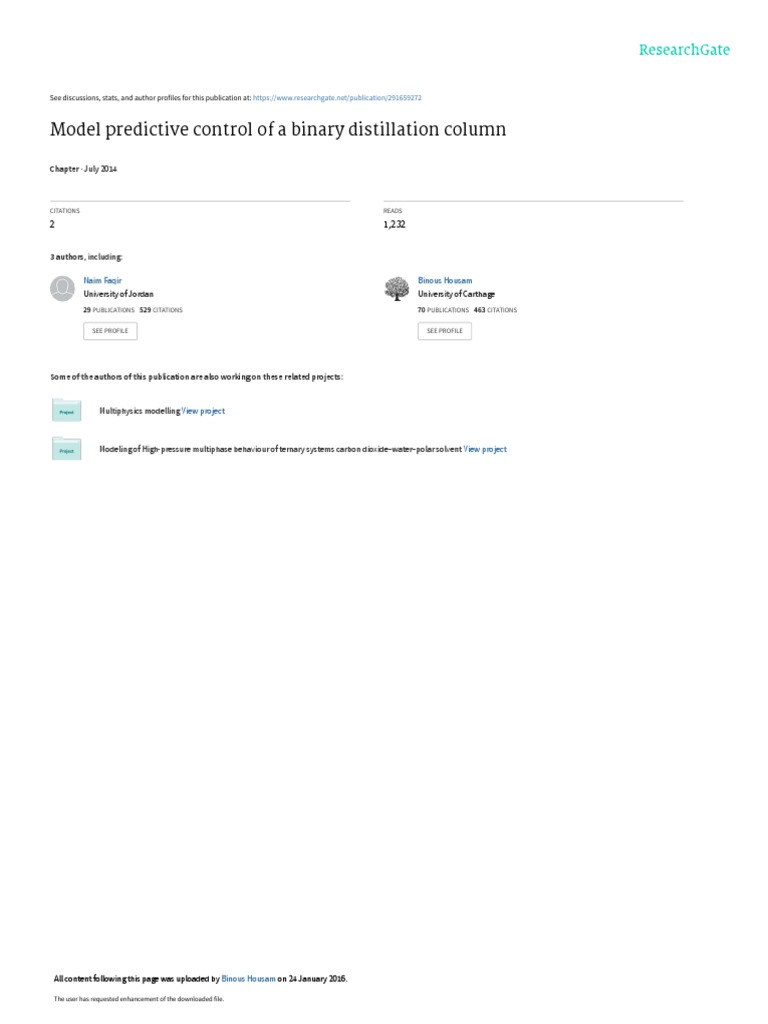 Model Predictive Control of A Binary Distillation Column: July 2014 | PDF | Distillation | Chemistry