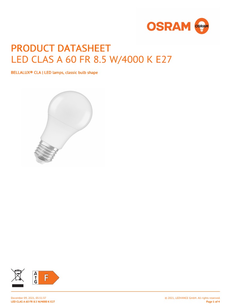 Product Datasheet Product Datasheet LED CLAS A 60 FR 8.5 W/4000 K E27 ...