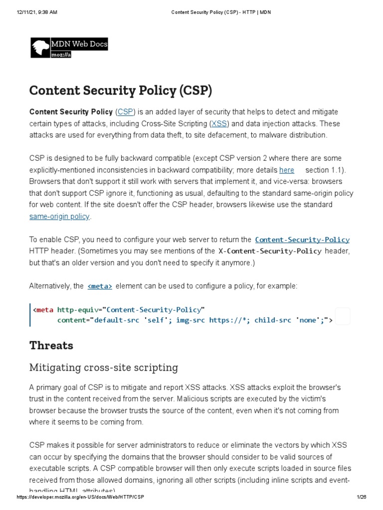 Content Security Policy (CSP) - HTTP - MDN | PDF | Hypertext Transfer Protocol | Computer Science