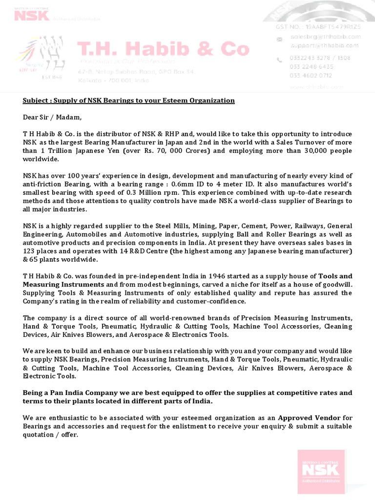 NSK Bearings Intro Letter | PDF | Bearing (Mechanical) | Manufactured Goods