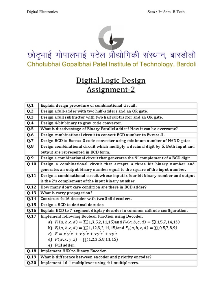 Digital Logic Design Assignment 2 Digital Electronics Sem 3 Sem B 8841