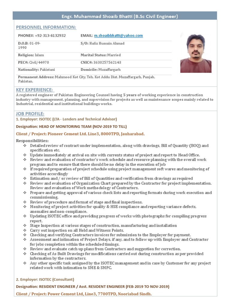 Engr. Muhammad Shoaib Bhatti (B.SC Civil Engineer) : Personnel ...