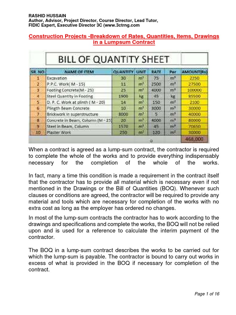 Construction Projects - Breakdown of Rates, Quantities, Items, Drawings ...