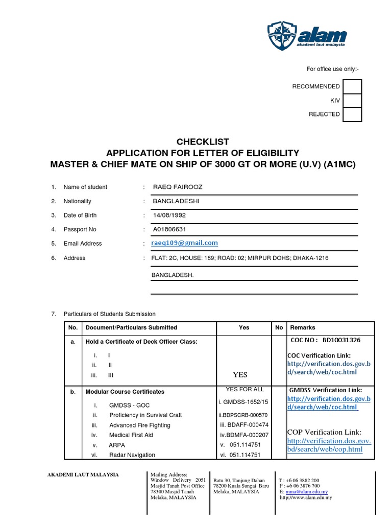 LOE Application' Mate and Master Combined For Vessel More Than 3000GT ...