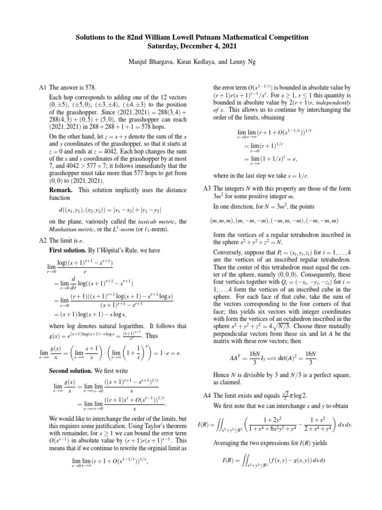 Solutions to the 82nd William Lowell Putnam Mathematical Competition ...