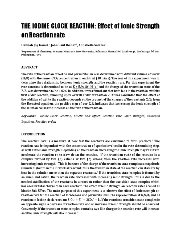 THE IODINE CLOCK REACTION: Effect of Ionic Strength On Reaction Rate ...