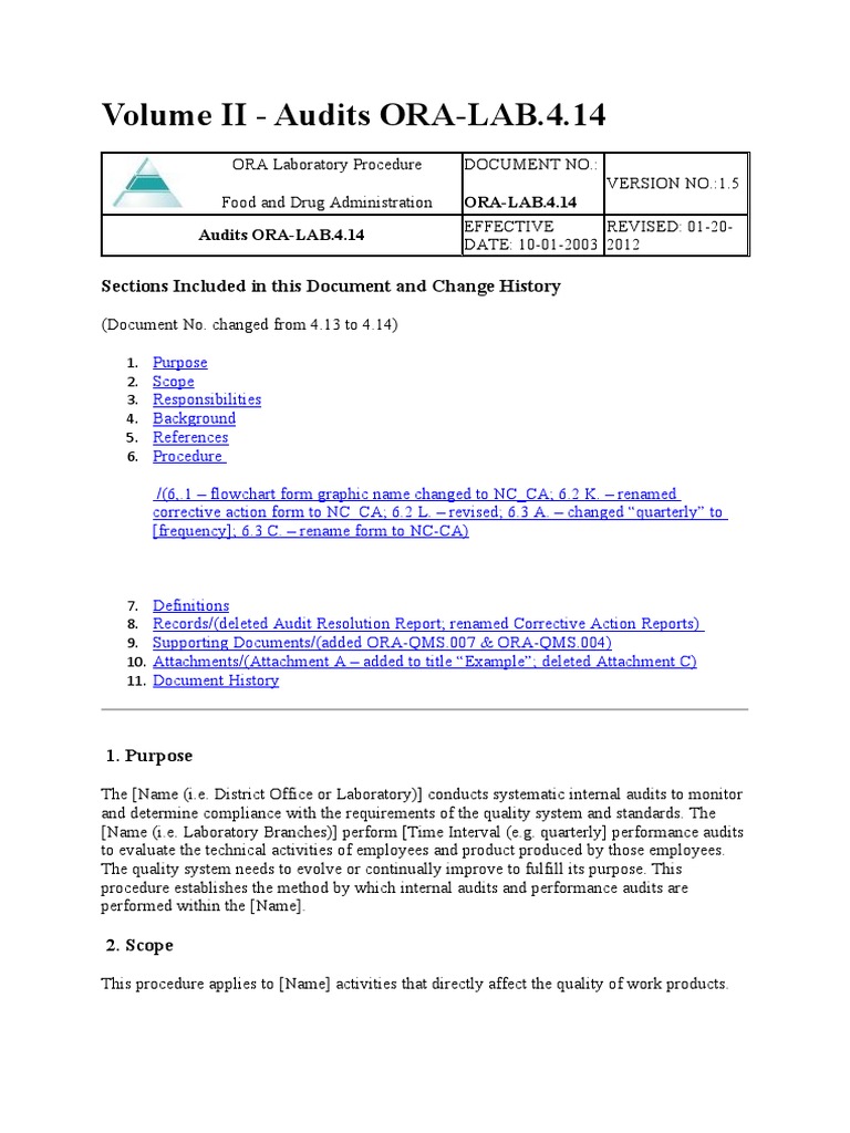 FDA Volume II - Audits Ora-Lab.4.14 | PDF | Audit | Internal Audit