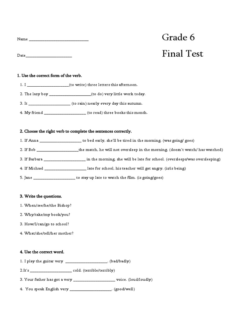 Grade 6 Final Test: Verb Usage & Questions | PDF | Language Arts ...