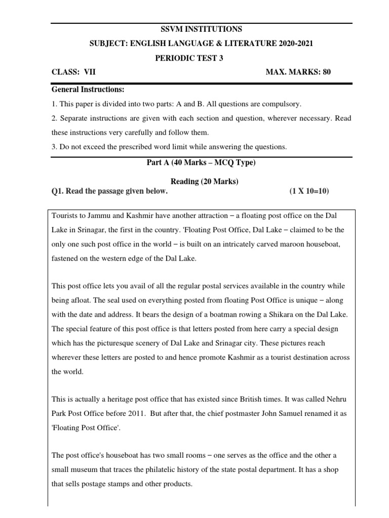 SSVM Class VII English Test Paper | PDF | United States Postal Service