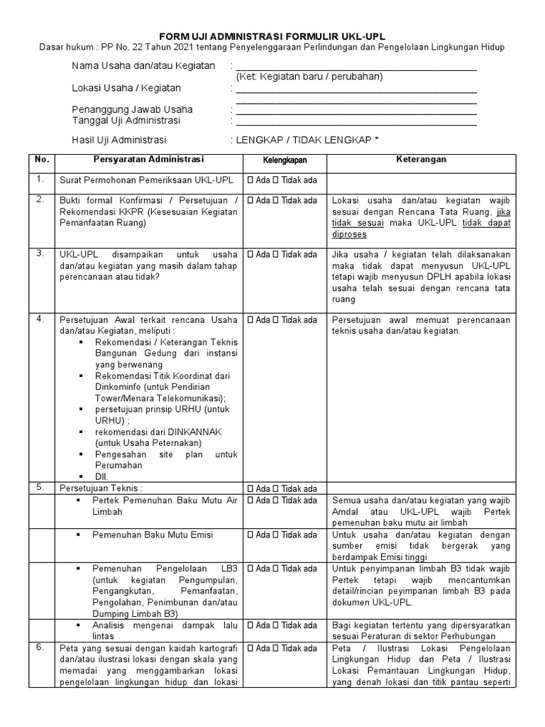 Form Uji Administrasi Formulir Ukl-Upl 2021 | PDF | Teknologi & Rekayasa