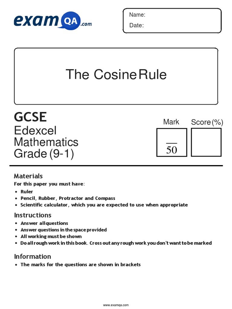 The Cosine Rule: Edexcel Mathematics Grade (9-1) | PDF | Significant ...