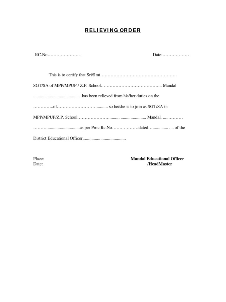 Relieving Order Certificate Transferring a Teacher to a New School | PDF