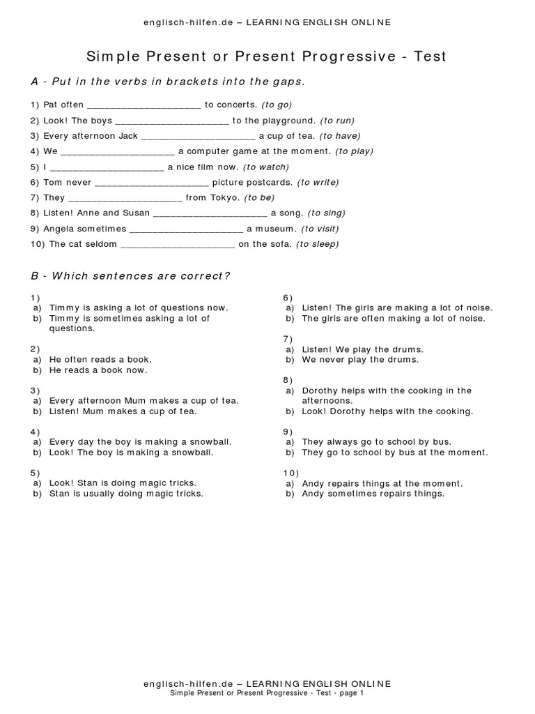 Test Simple Present Progressive en | PDF | Linguistics | Grammar